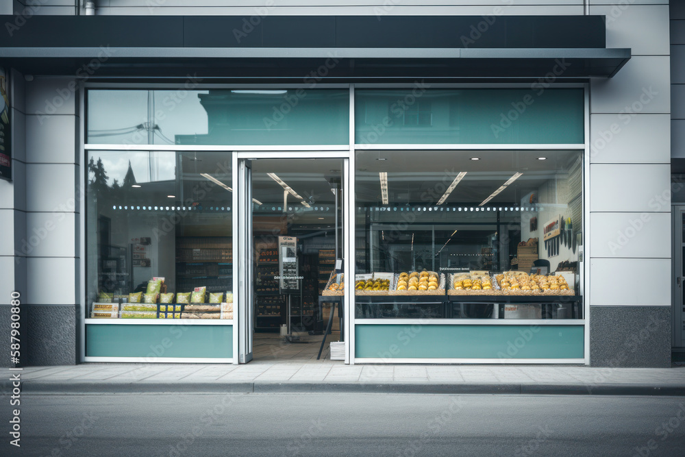 Modern grocery store exterior featuring a large window display and ...