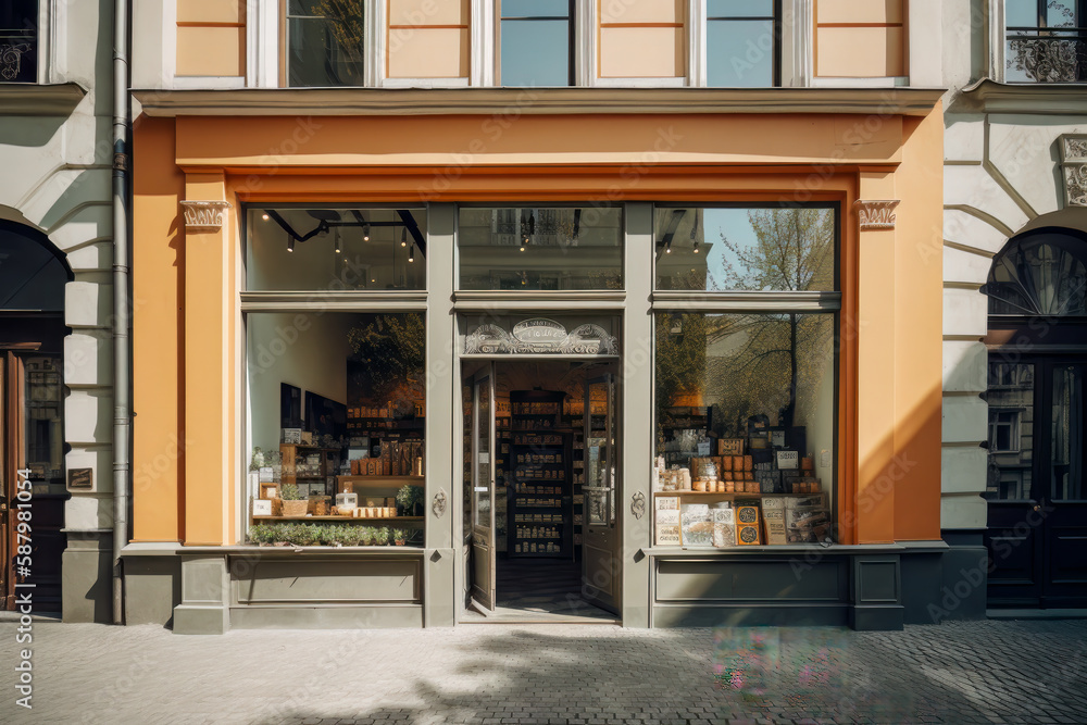 Modern grocery store exterior featuring a large window display and ...