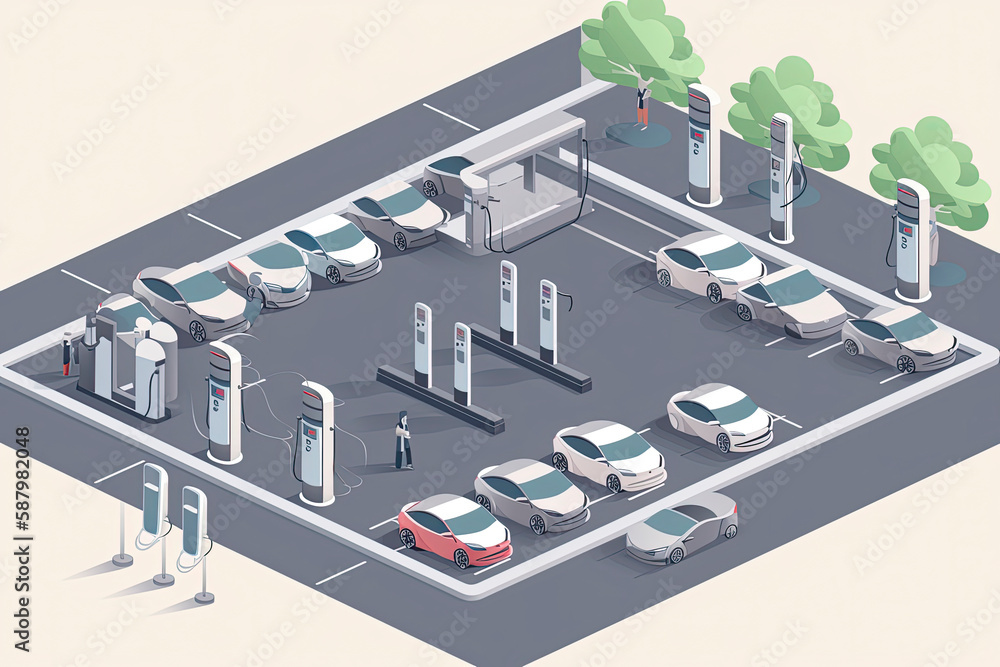 Electric car charging on empty parking lot area with fast supercharger ...