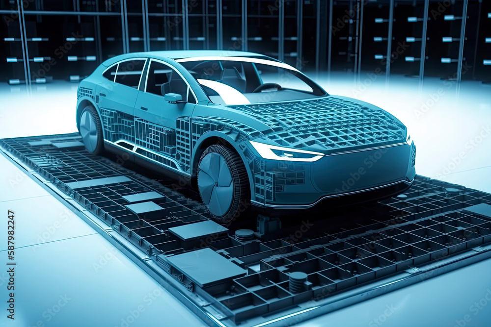 Electric car research and development with 3d rendering ev car with ...