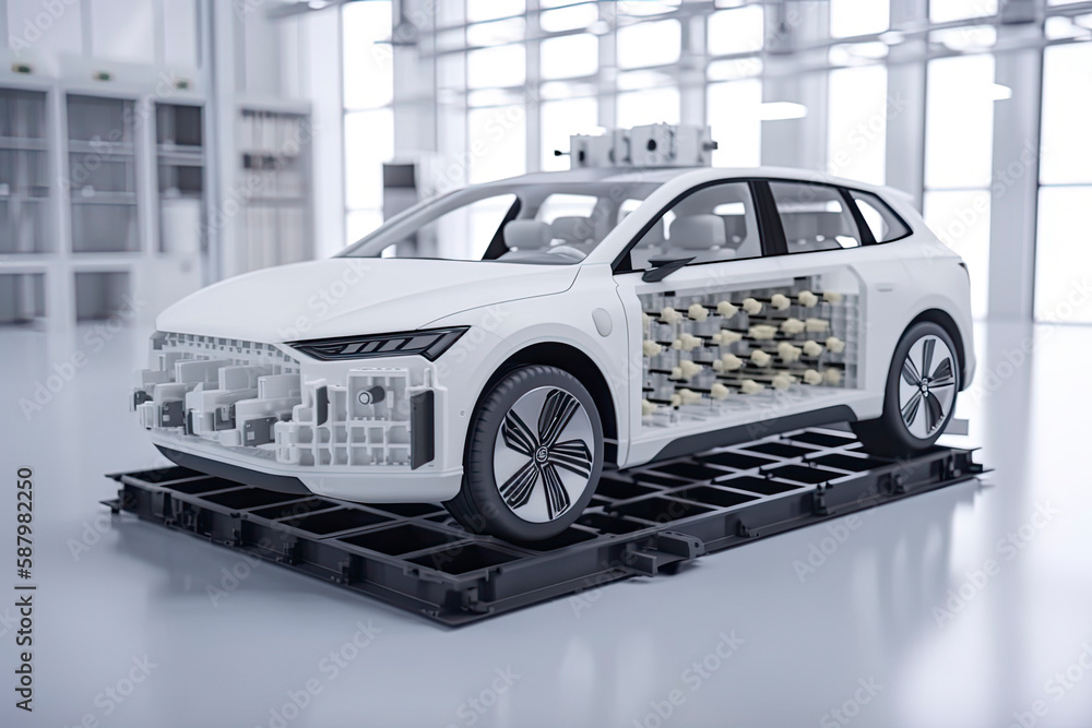 Electric car research and development with 3d rendering ev car with ...