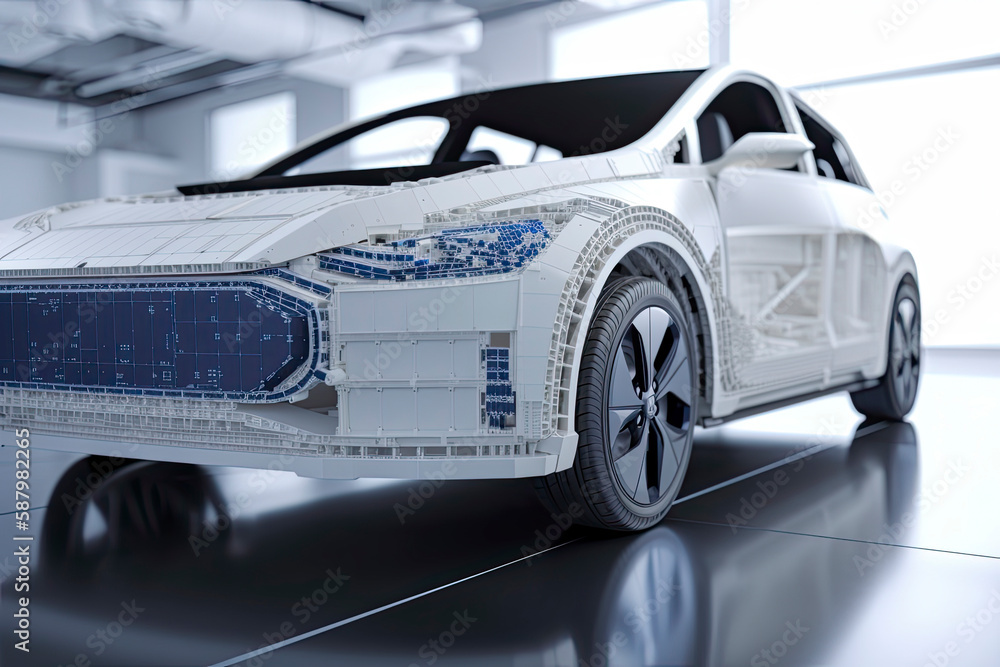 Electric car research and development with 3d rendering ev car with ...