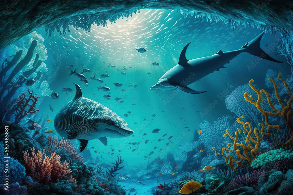 Beautiful underwater world with inhabitants,shark swimming.Created with ...