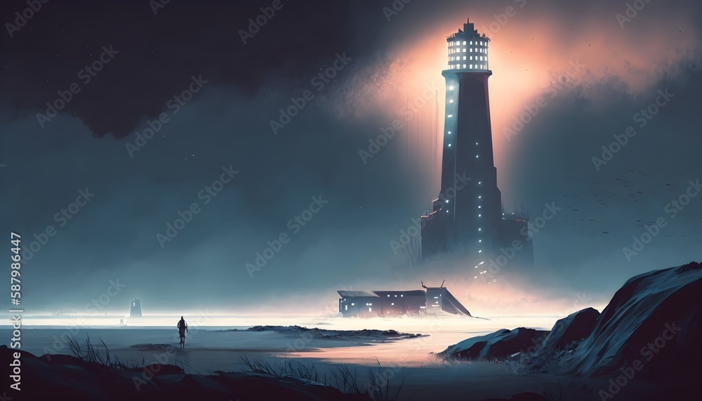 night scenery of the big lighthouse in futuristic world, digital art ...