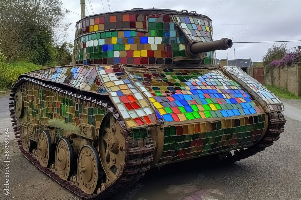 A military tank made of stained glas on a road created with generative ...