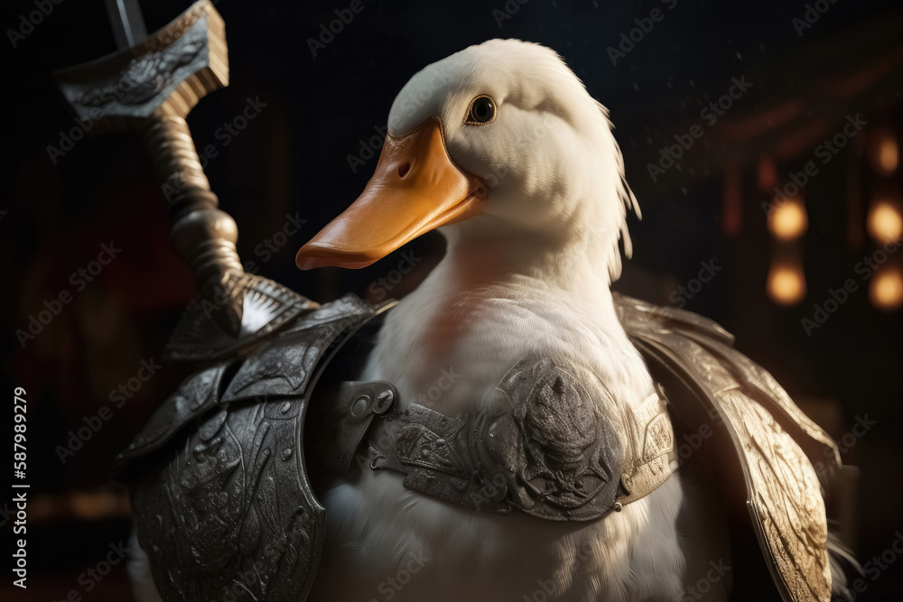 A white duck as a barbarian with a big axe and shining armour created ...