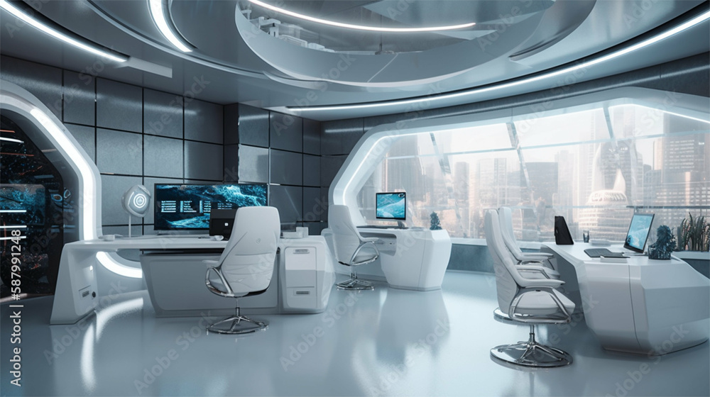 Futuristic office / workspace of a technology business in minimalistic ...