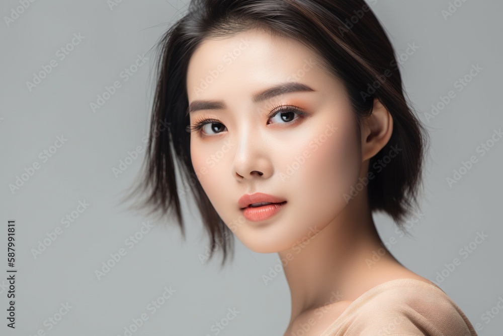 Beautiful young Asian woman with clean fresh skin isolated on white ...