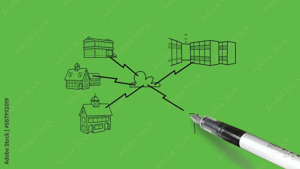 Vidéo Stock Draw close view of group of five big buildings connect ...