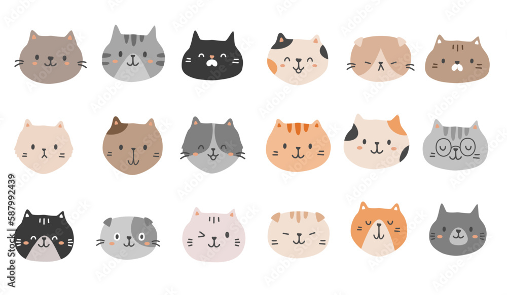 Hand-drawn cute cat faces in different style. Flat cat face vector set ...