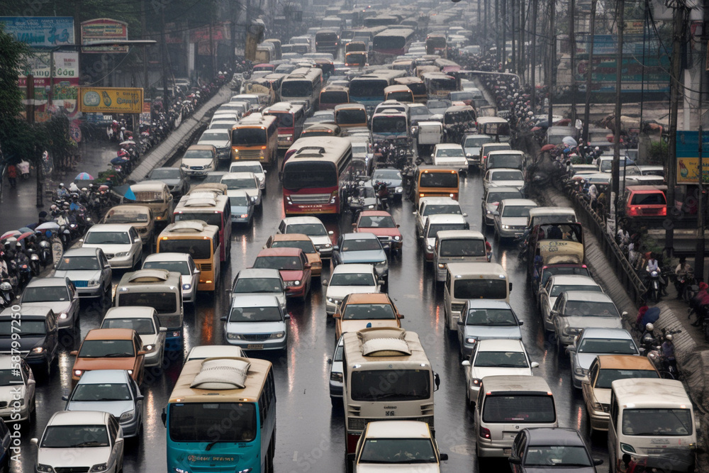 An illustration of a chaotic traffic jam on a busy highway, with ...