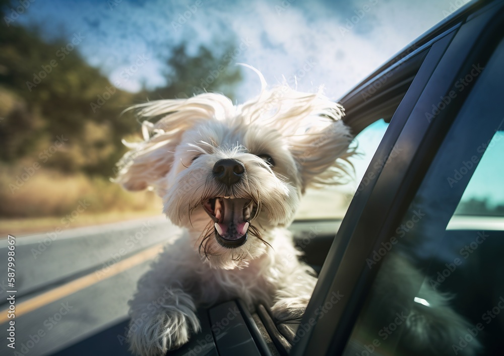 Adorable cute maltese dog looking from car window. Fast motion wind in ...