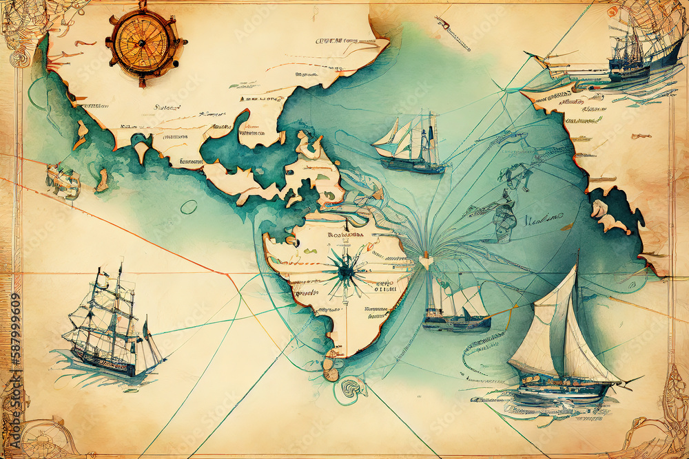 image of ancient nautical chart of sea routes of medieval ships ...