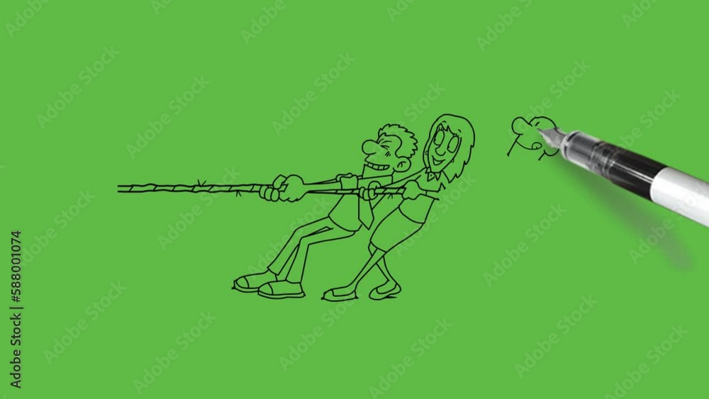 Draw group of three people men and woman play game tug of war pull rope ...