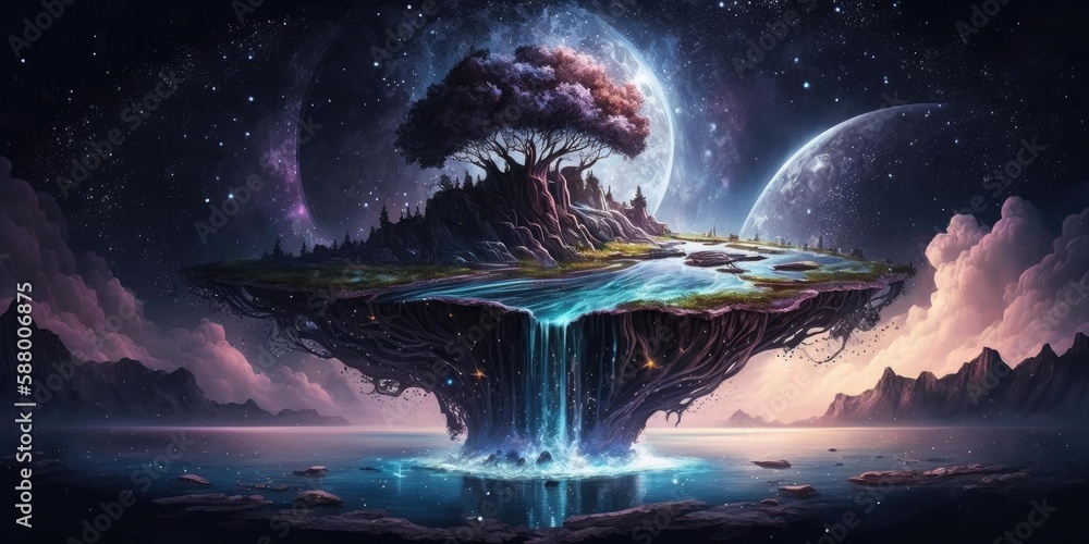 Fantasy fairytale sphere island floating in universe of night sky ...