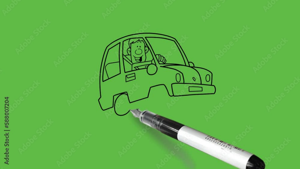 Draw close view of running car drive by young man with black outline on ...