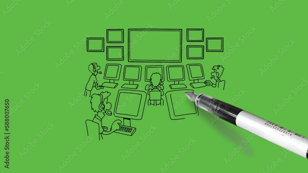 Draw scene of computer class where five learner sit on chair work on ...