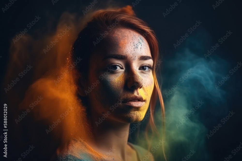 Exploding colour powder in rainbow colours forming a portrait of a ...
