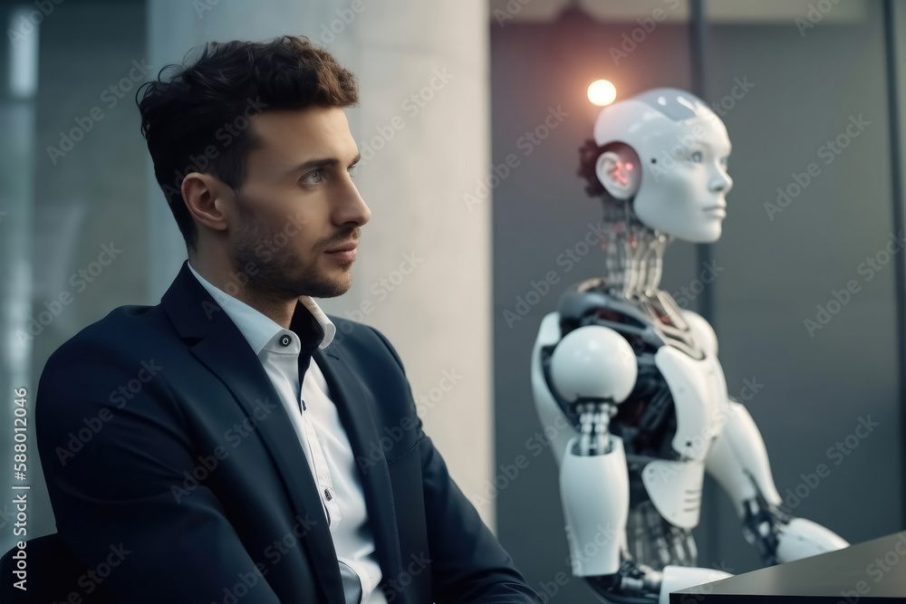 Man and AI robot waiting for the same job interview created with ...