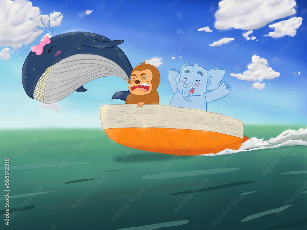 Illustration of monkeys and elephants riding a boat in the sea. Perfect ...