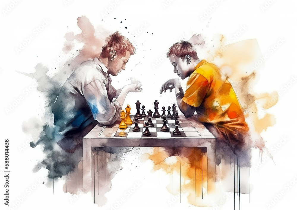 Watercolor abstract illustration of chess as a sport. Chessmen in ...