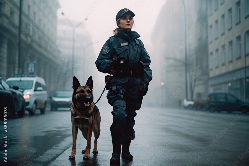 Female police officer with dog patrolling empty city street in foggy ...
