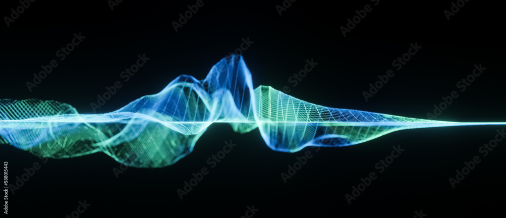 Green and blue sound waves, illustration of abstract wireframe ...
