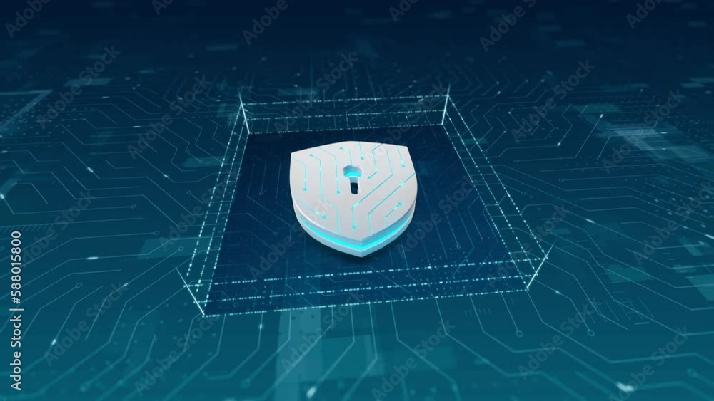 Motion graphic of 3D blue security Shield logo and particles with ...