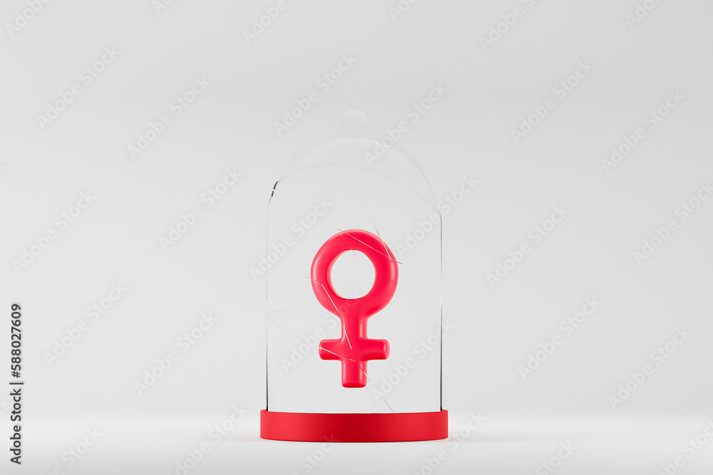 Struggle with patriarchy. Red female symbol in glass case surrounded ...