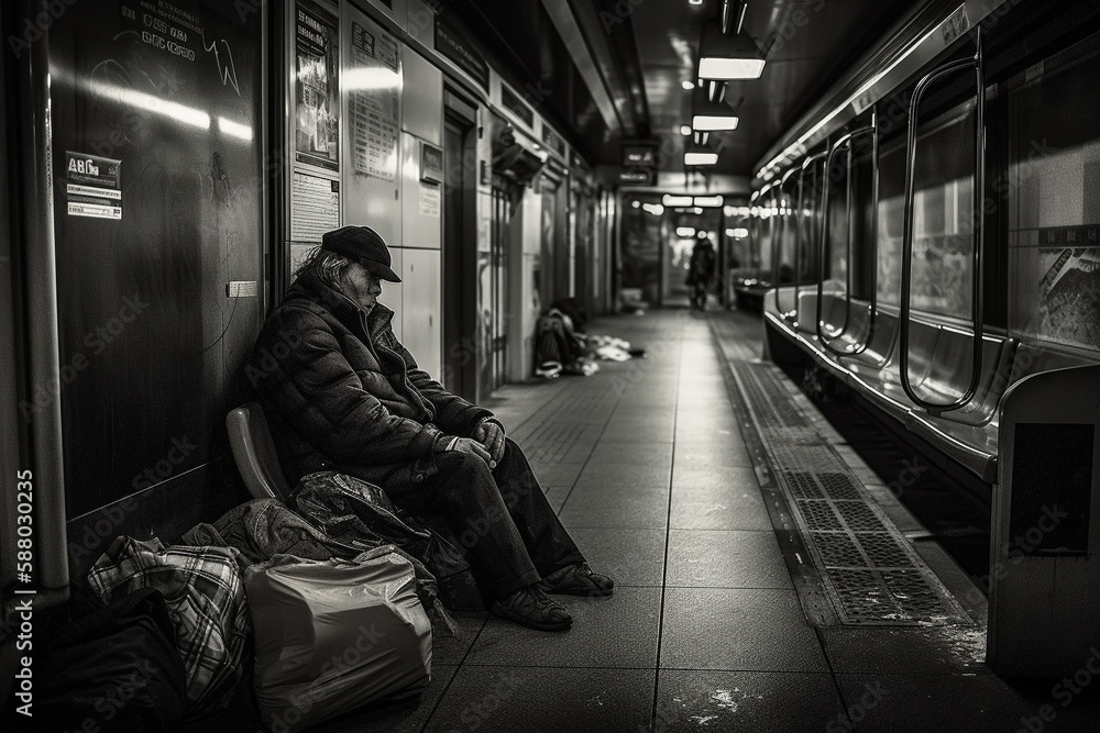 Waiting Alone: Homeless at Public Transportation Station. An ...