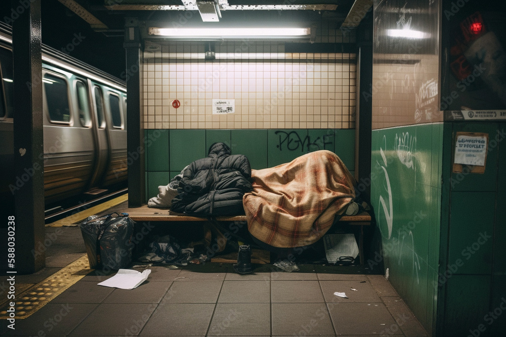 Waiting Alone: Homeless at Public Transportation Station. An ...