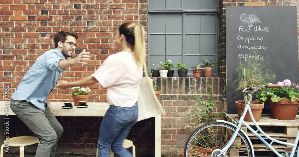 Couple, hug and meeting for date at coffee shop with love, care and ...