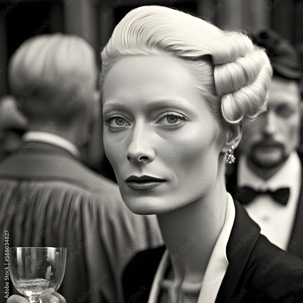 Black and white photograph of Tilda Swinton dressed as a teetotaler ...