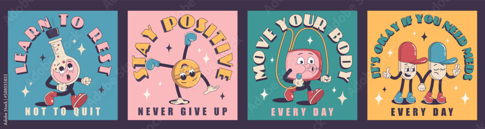 Health care cards posters set with medical mascots. 70s retro cartoon ...