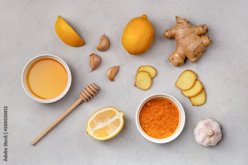 Turmeric, ginger, honey, garlic, lemon ingredients for making drinks ...