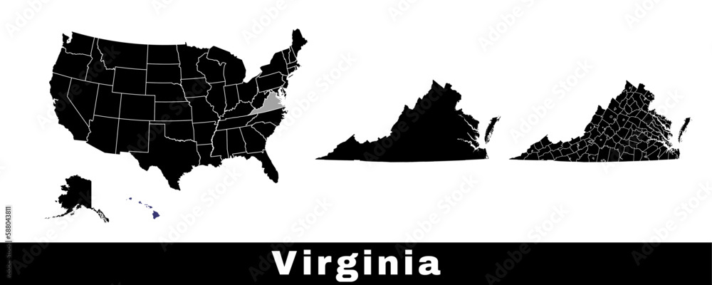 Virginia state map, USA. Set of Virginia maps with outline border ...