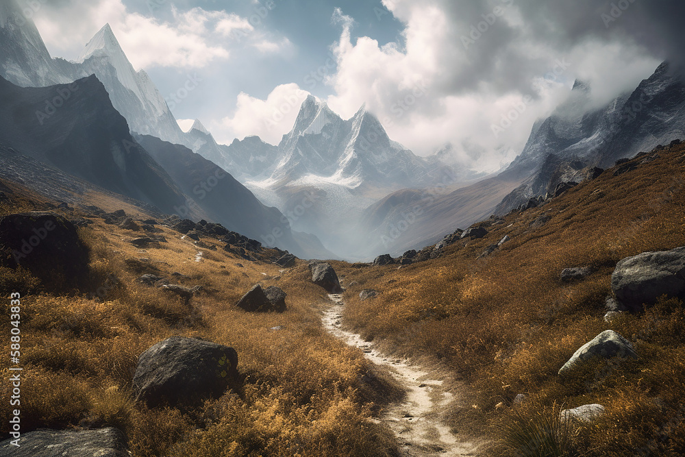Himalayan Hiking Trail. Generative AI. A digital painting of a hiking ...