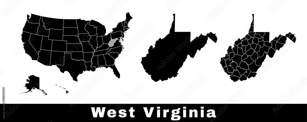 West Virginia state map, USA. Set of West Virginia maps with outline ...