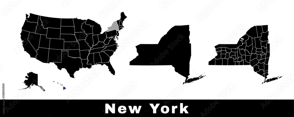 New York state map, USA. Set of New York maps with outline border ...