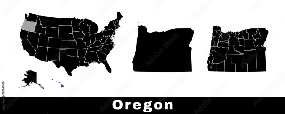 Oregon state map, USA. Set of Oregon maps with outline border, counties ...