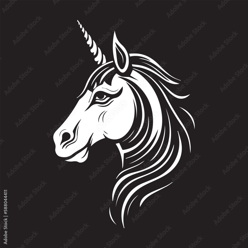 Black and white vector illustration of an unicorn head, white on black ...