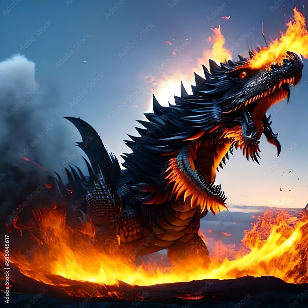 Fire breathes explode from a giant dragon in a black night, the epic ...
