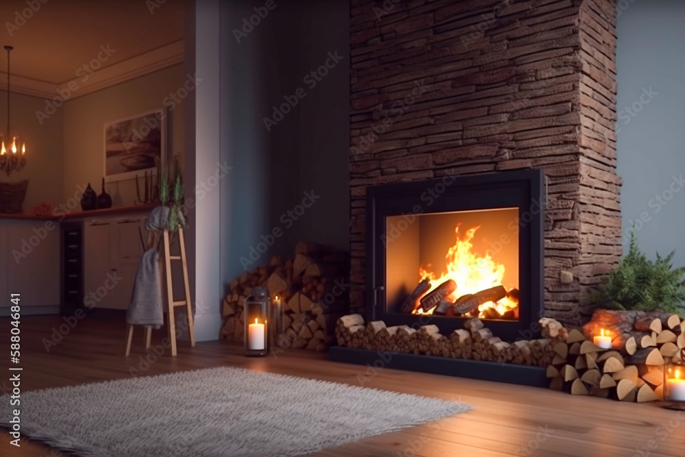 Modern interior design of the living room with fireplace. Super photo ...