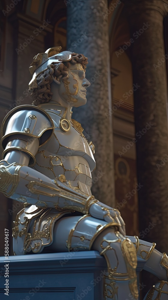 Une sculpture de guerrier mecha robot grec stoïque avec des touches de ...