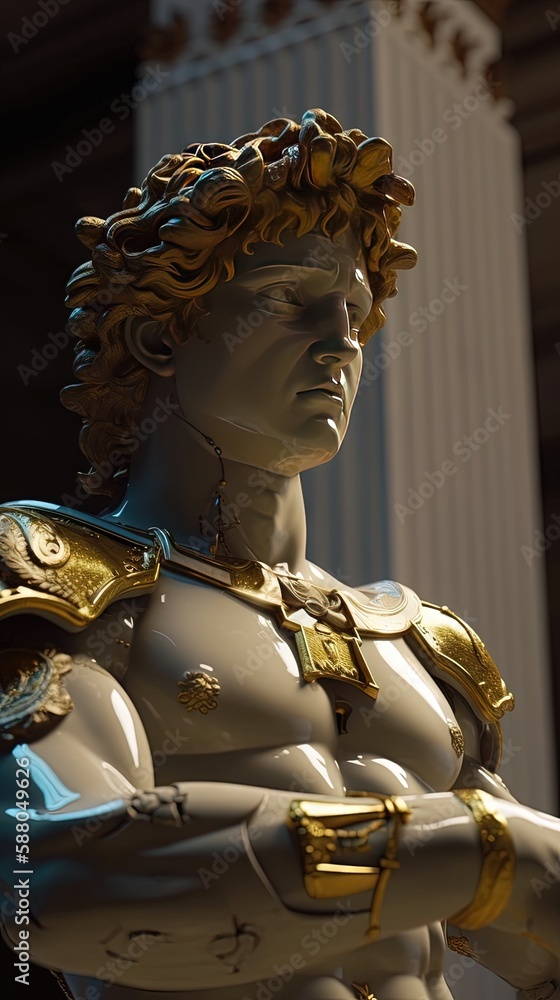 Une sculpture de guerrier mecha robot grec stoïque avec des touches de ...