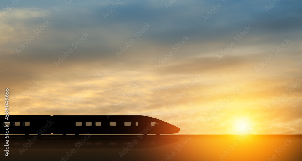 High speed train silhouette in motion at sunset. Fast moving modern ...