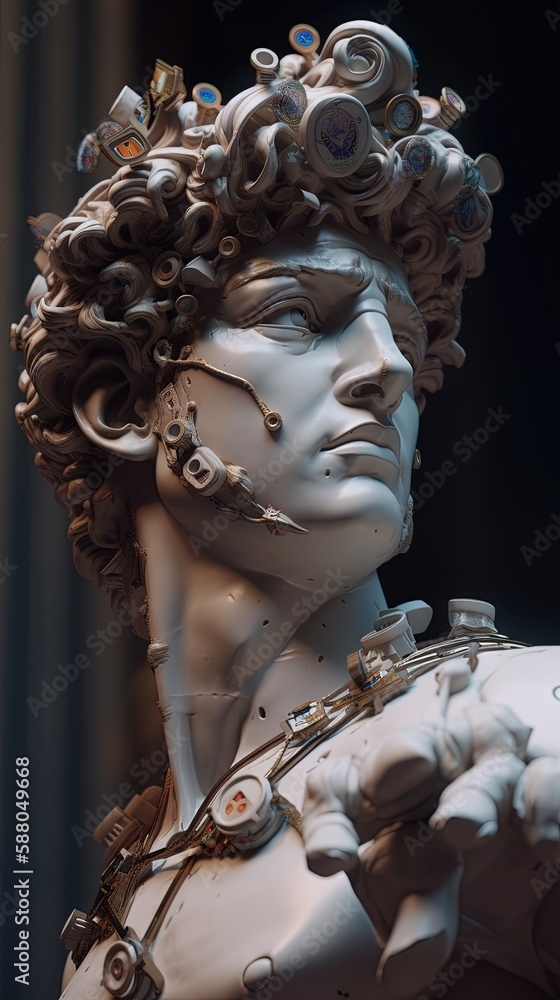 Une sculpture de guerrier mecha robot grec stoïque avec des touches de ...