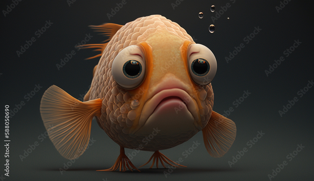 sad fish. 3d cartoon character of a spherical goldfish with big bulging ...
