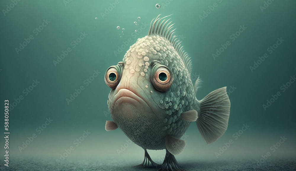 3d cartoon character of a spherical goldfish with big bulging eyes ...