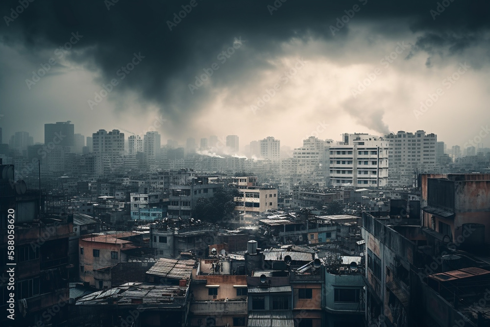Illustration of a cityscape with smog and pollution, highlighting the ...